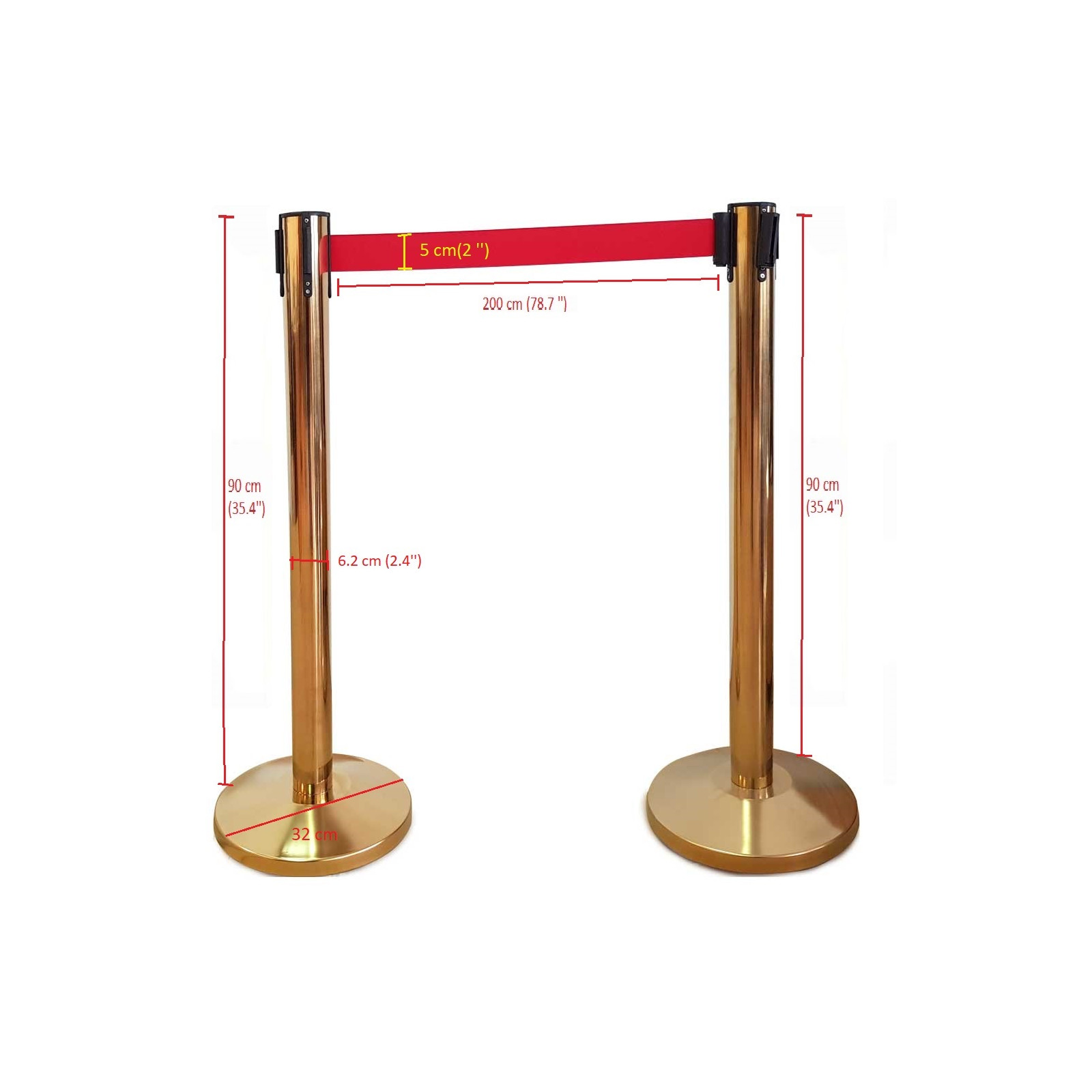 Set of 2 Gold Queuing Barrier Posts + 2 Red 2M belts