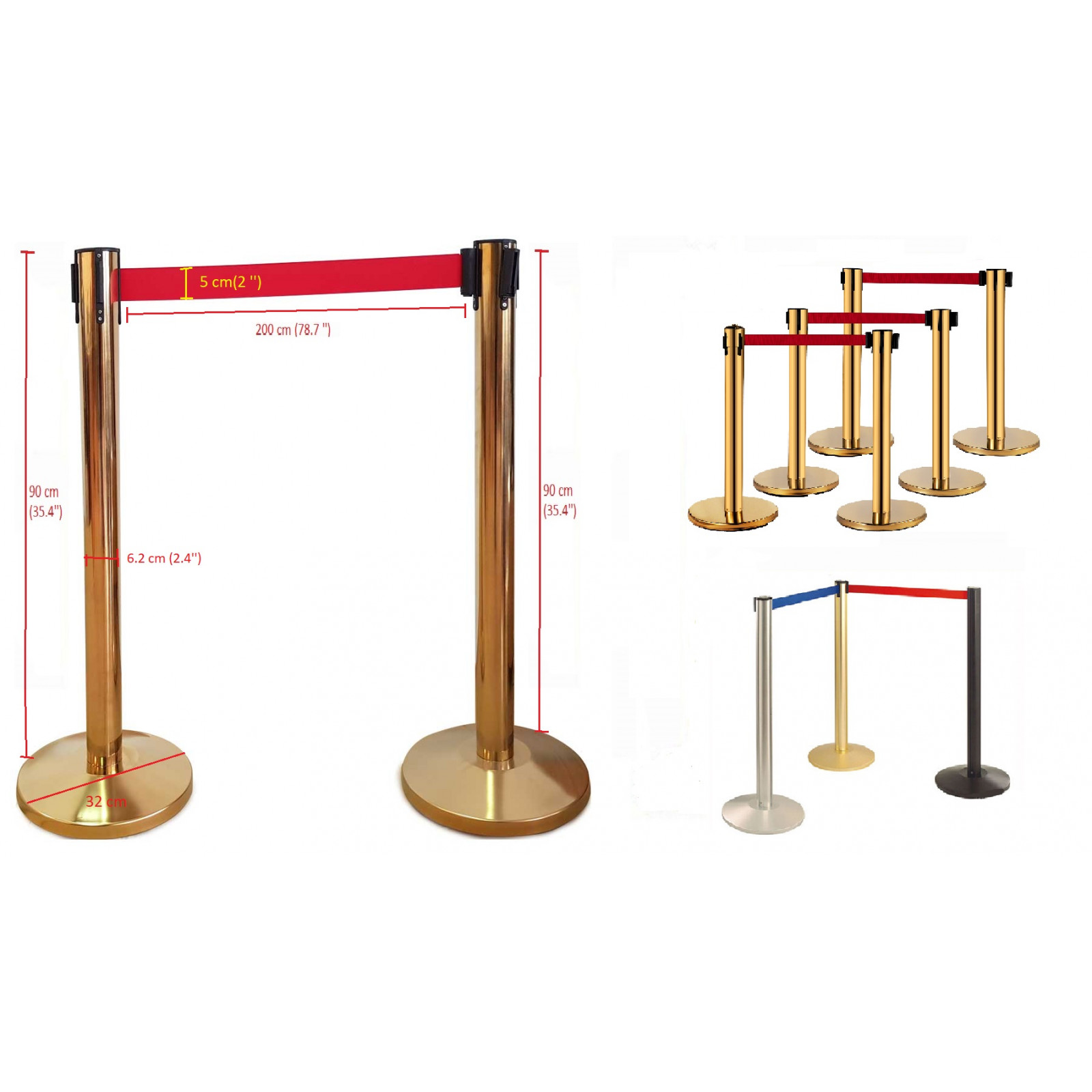 Set of 2 Gold Queuing Barrier Posts + 2 Red 2M belts